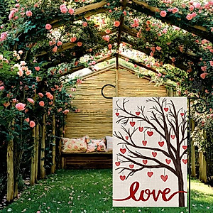 CROWNED BEAUTY Valentines Day Garden Flag 12×18 Inch Love Heart Tree Double Sided for Outside Small Burlap Holiday Yard Decoration