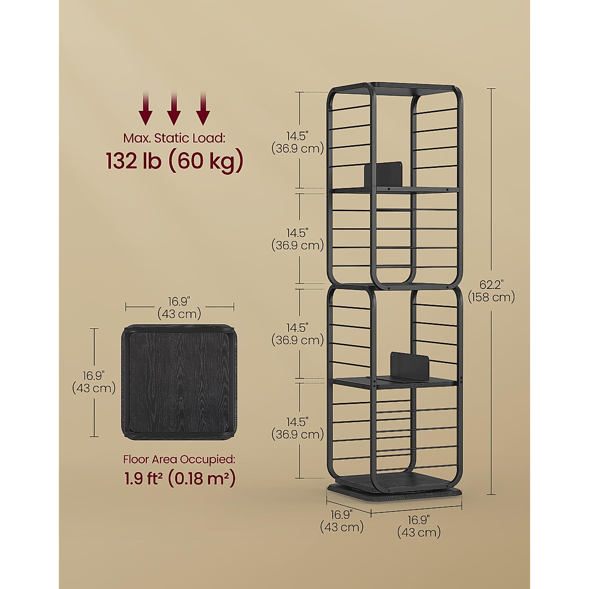 VASAGLE 4-Tier Rotating Bookshelf, Bookcase with Bookends for Small Spaces, Corner Shelf, Steel Frame, Ebony Black and Ink Black ULLS127B56