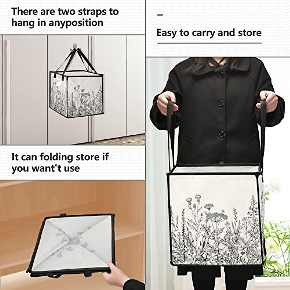 Blueangle Black and White Flowers Cube Storage Bin with Handles, 13 x 13 x 13 in, Large Collapsible Organizer Storage Basket for Home Décor（1137）