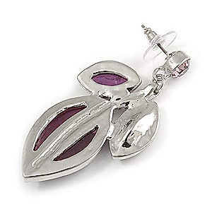 Avalaya Statement Purple/Magenta Glass, Crystal Leaf Necklace and Drop Earrings In Rhodium Plating - 40cm L/ 8cm Ext