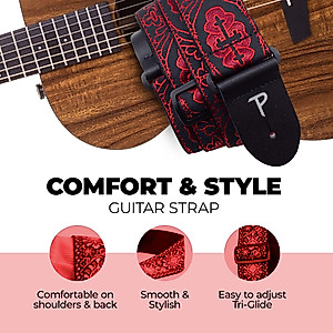 Perris Leather Guitar Strap - Red Crosses Jacquard Ribbon Guitar Strap, with Leather Ends - Electric/Acoustic/Bass Guitar Strap - Adjustable Strap From 39″ to 58″ - Red/Black (TWS-7071)