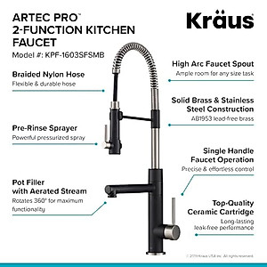 Kraus KPF-1603SFSMB Artec Pro 2-Function Commercial Style Pre-Rinse Kitchen Faucet with Pull-Down Spring Spout and Pot Filler, 24.75 inch, Spot Free Finish Stainless Steel/Matte Black