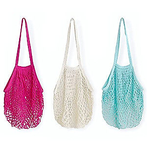 allydrew Cotton Mesh Net Shopping Bag, Grocery Bag for Vegetables, Produce (Set of 3), Hot Pink, Beige, Teal