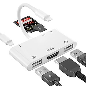 INVERSE NET HDMI Adapter for iPhone,USB to iPhone Adapter,SD Card Reader for iPhone,6 in 1 USB Camera Adapter,Support MIDI Keyboard, Mouse, HD TV/Projector/Monitor, No APP Needed