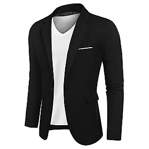 COOFANDY Men Slim Fit Suits Casual Lightweight Blazer Jackets One Button Tuxedos Dark Black