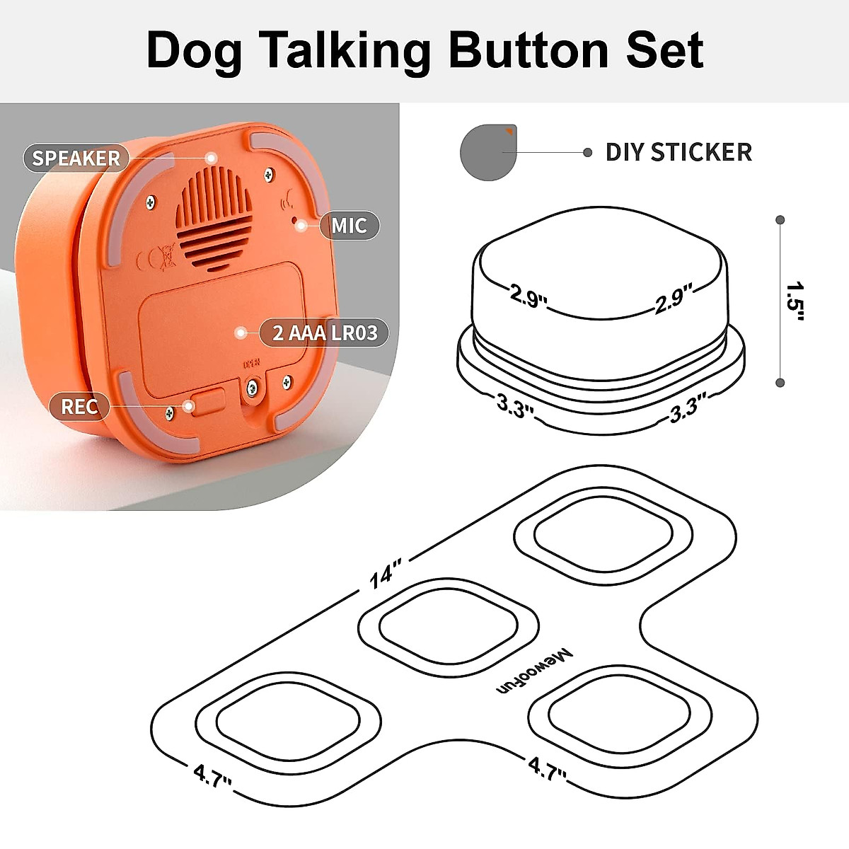 MEWOOFUN Dog Buttons for Communication Starter Pack Recordable Dog Talking Buttons Set Dog Training Speaking Buttons Dog Clicker with Mat & Stickers (4 Packs-Rubber Mat)