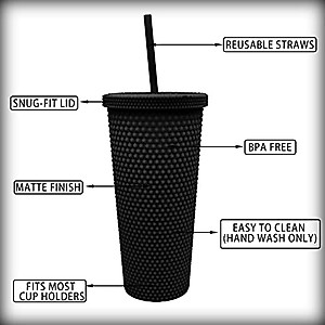 AQUAPHILE 24Oz Matte Studded Tumbler with Reusable Straw and Leak Proof Lid Water Cup Travel Mug Coffee Ice Water Bottle Double Walled Insulated Tumbler BPA Free(Black)
