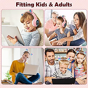 OONOL Kids Wireless Bluetooth Headphones, LED Light Over Ear Foldable Headphone with Microphone and Wired for Girls Women (Pink)