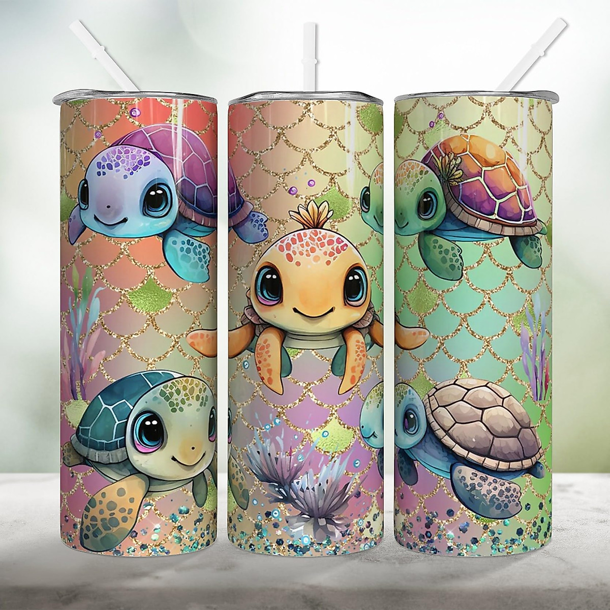 ROONMKUU Cartoon Turtles Tumbler With Lid And Straw, 20oz Stainless Steel Water Bottle, Insulated Water Cups, Summer Winter Drinkware, Outdoor Travel Accessories