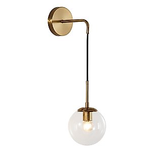 BOKT Mid Century Modern Globe Wall Sconce Lighting Brushed Brass Gold Bathroom Wall Light Clear Bubble Glass Ball Wall Light Fixture Lamp Bedroom Bedside Wall Light (Gold+Clear)