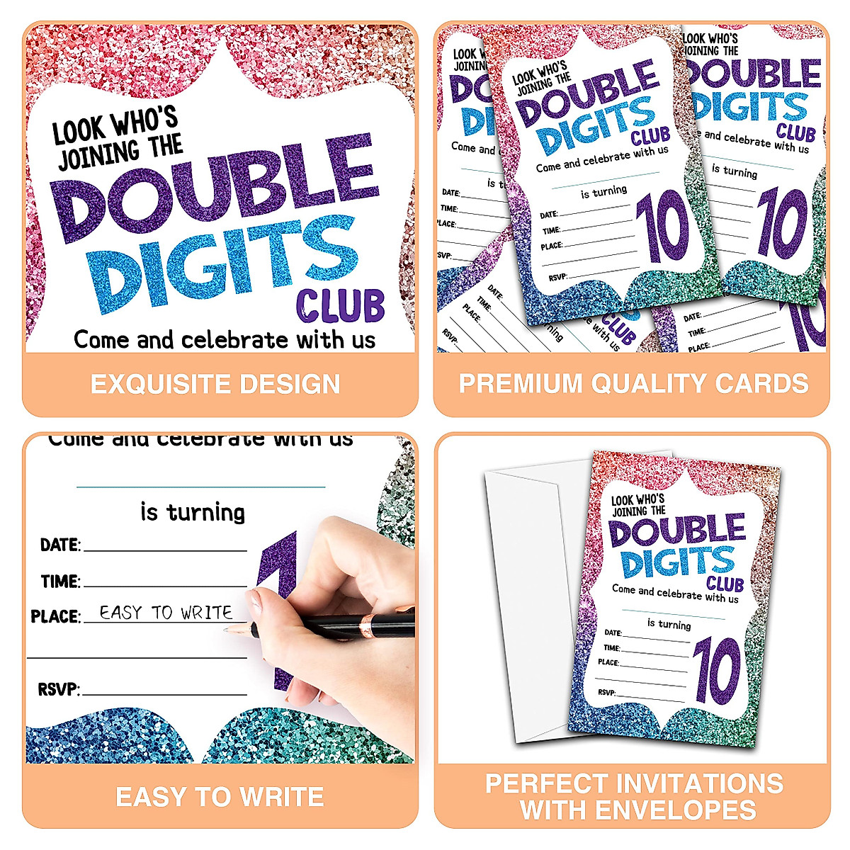 YQV 10th Birthday Party Invitations, 20-Count Fill-in Style Birthday Party Invites With Envelopes-HBYQK-B34