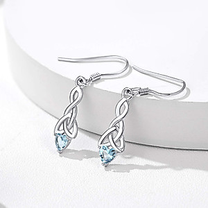 Silvora Celtic Knot Drop Earrings Heart Birthstone Dangle Earrings for Women Sterling Silver Jewelry March Birthstones