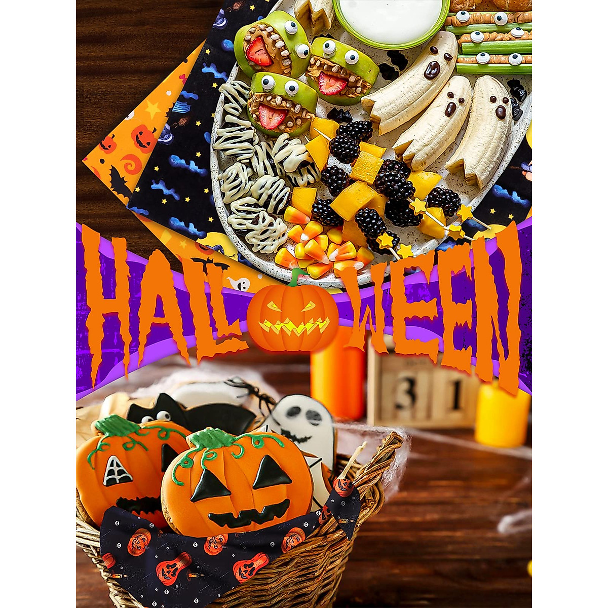 EBANKU 15 Pieces 20 x 20 Inch Halloween Fabric Squares and 10 x 10 Inch Halloween Theme Fabric Bat Pumpkin Ghost Skull Print Fabric Fat Quarters Sewing Squares for DIY Decorations Supplies Patchwork