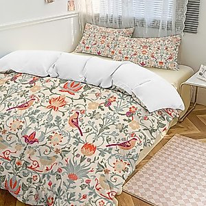 William Morris Vintage Floral Duvet Cover Sets Mid Century Rustic Art Printed Lightweight Soft Quilt Cover Floral Bird Art Soft Microfiber 3 Piece (1 Duvet Cover 90x102in + 2 Pillow Sham 20x30in)