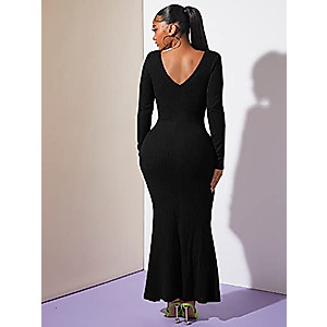 Verdusa Women's Deep V Neck Long Sleeve Ribbed Knit Fishtail Maxi Bodycon Sweater Dress Black XS