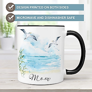 Watercolor Coastal Beach Scene Personalized Ocean Coffee Mug | Custom Name Microwave Dishwasher Safe Ceramic Cup