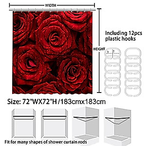 4pcs Red Roses Bathroom Sets with Shower Curtains and Rugs for Women Romantic Red Roses Shower Curtains with Nonslip Rugs and Soft Bath Mat Toilet Seat Cover for Valentines’ Day Gifts