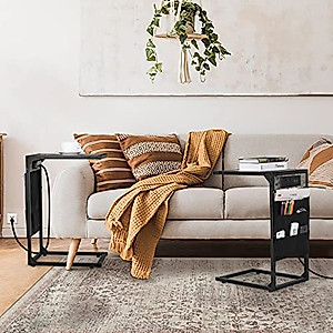 Set of 2 C Shaped End Table with Charging Station, Snack Side Table, C Tables for Couch, Couch Tables That Slide Under, for Living Room, Bedroom, Gray