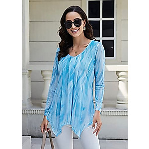 Bulotus Tunic Tops to Wear with Leggings, Fall Blouses for Women V Neck Mesh Chiffon Shirts Long Sleeve Tunic Shirts for Women Loose Fit Asymmetrical hem Polyester Blouses for Women Work, Blue, Medium