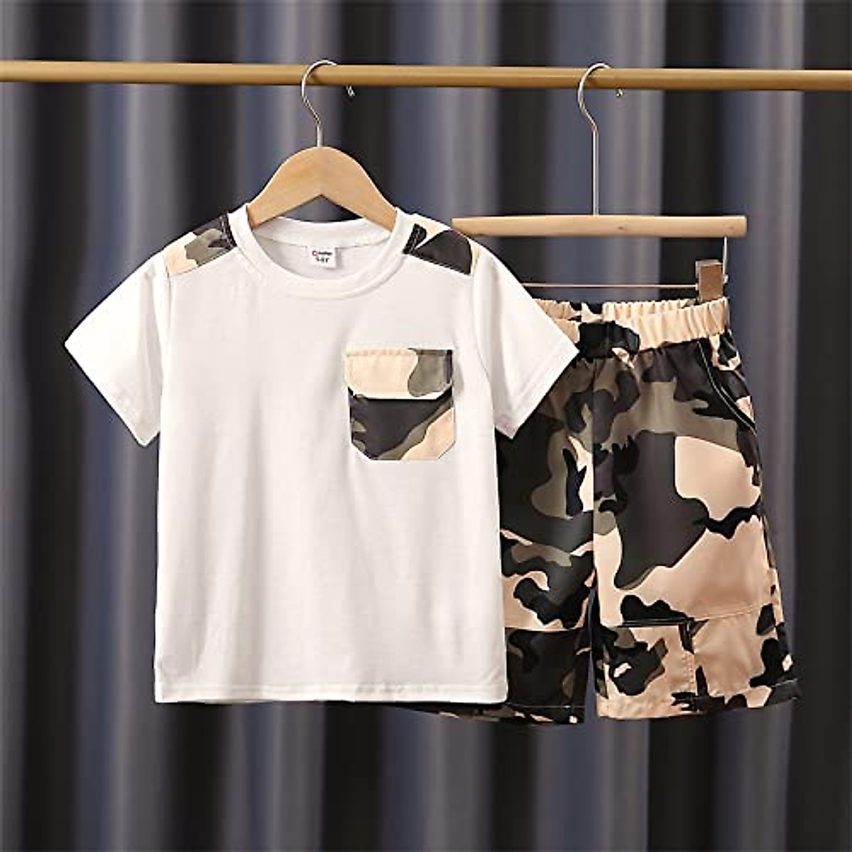 PATPAT Boy's 2 Piece Outfits Camouflage Print Short Sleeve Tee and Shorts Set with Pocket, Army Green, 11-12 Years