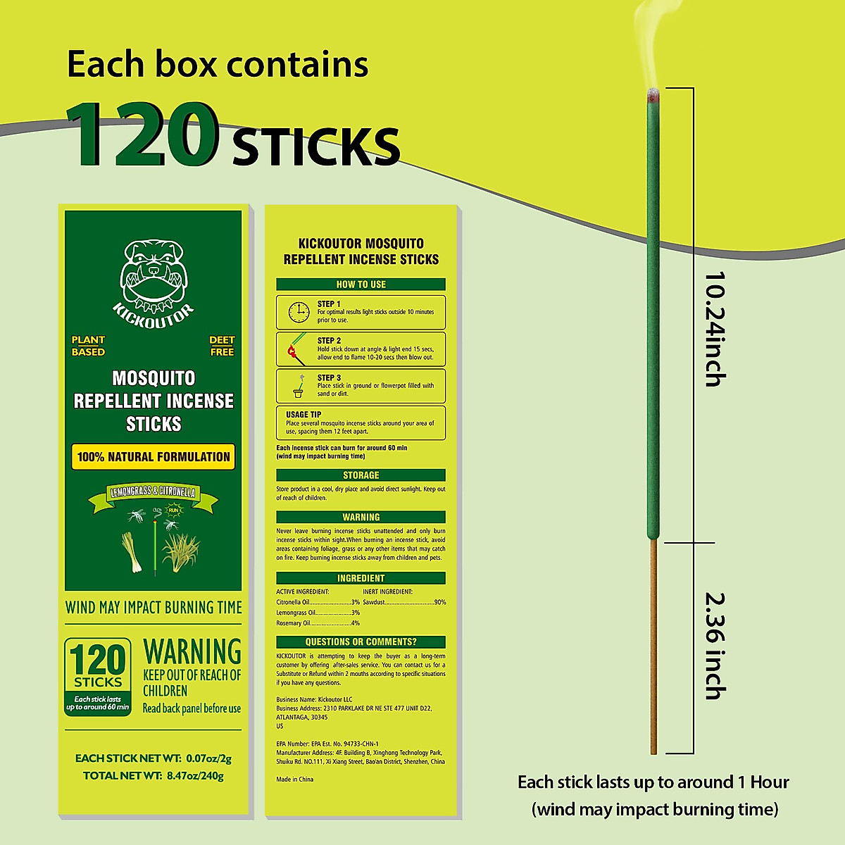 KICKOUTOR Mosquito Repellent Outdoor Patio 120 PCS Citronella Oil Mosquito Incense Sticks Natural Organic Mosquito Barrier Mosquito Repeller for Backyard Travel Camping Indoors Gnat Mosquito Control