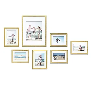MIMOSA MOMENTS Picture Frame Sets for Wall Collage Multiple Sizes, Gallery Wall Frame Set with mat for one 8x10, 2 5x7 and 4 4x6 picture (Gold, 7 pcs set)