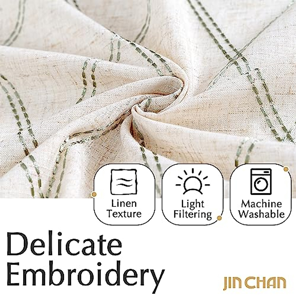 jinchan Linen Curtains for Living Room Green Diamond Embroidered Curtains Geometric Patterned Window Drapes Flax Window Treatment Set for Bedroom Grommet Curtains 84 Inches Long 2 Panels