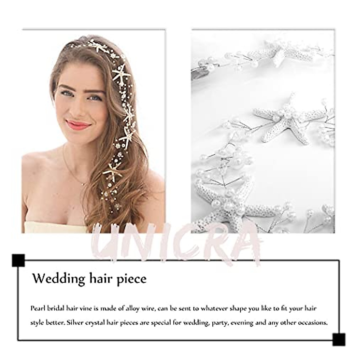 Unicra Starfish Bride Wedding Hair Vine Pearl Bridal Headband Headpiece Beach Wedding Hair Accessories for Women and Girls (A Silver)