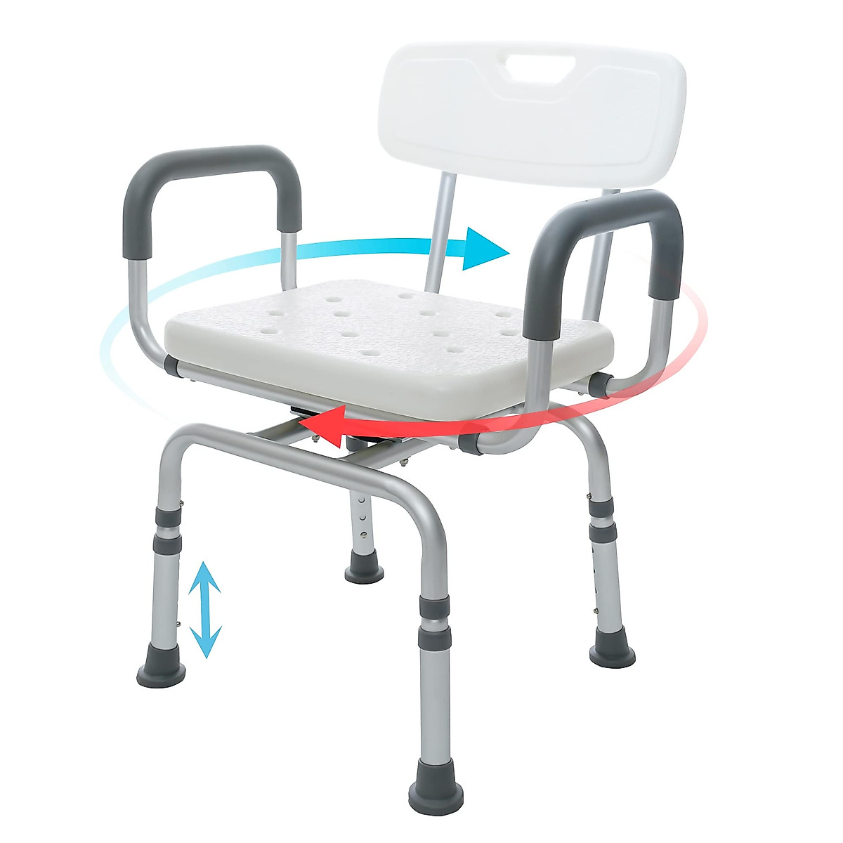 KUNTOM Swivel Shower Chair Bath Chair Height Adjustable with Arms and Back, Aluminum Alloy Frame with Locking Mechanism White