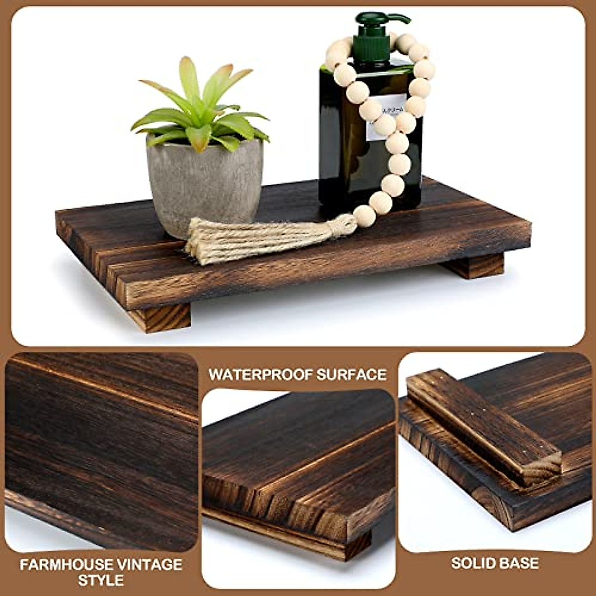 12 x 7 Inch Farmhouse Wood Tray for Bathroom Wood Pedestal Stand Riser Rustic Wood Soap Tray Soap Riser Wooden Soap Holder and Wood Bead Garland with Tassel for Kitchen Bathroom Sink Plant Bottles