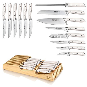 Cangshan ALPS Series 502827 German Steel Forged 15-Piece In-Drawer Knife Set with Bamboo Tray, (White)