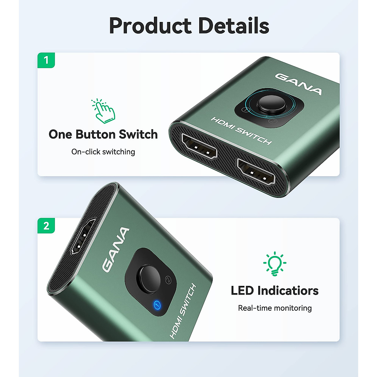 HDMI Switch 4k@60hz Splitter, GANA Aluminum Bidirectional HDMI Switcher 2 in 1 Out, Manual HDMI Hub Supports HD Compatible with Xbox PS5/4/3 Blu-Ray Player Fire Stick Roku