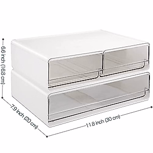 EZOWare 2 Piece Stackable Makeup Organizer Drawer Set, 3 Drawer Modular Display Storage for Vanity, Desk, Bathroom Countertop, and More - White and Clear