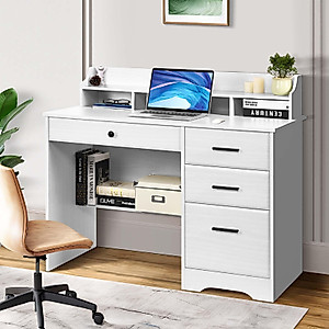 MaverickFurni White Desk with 4 Drawers, Computer Desk with Drawers and Hutch&Shelf, Wood Writing Home Office Workstation, Student Desks for Bedooms with Drawers, 38.2” H x20.5” D x44” W - White