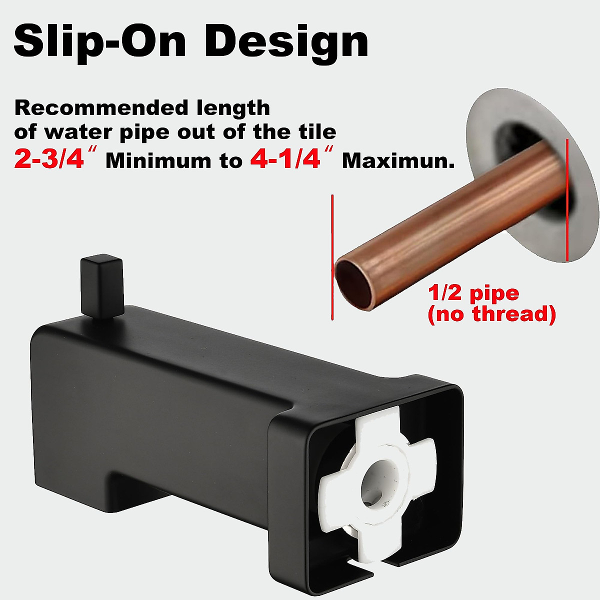 Kedra Slip On Diverter Tub Spout, 5.9 Inch Bathtub Spout with Diverter, Replacement Bath Tub Faucet for 1/2" Copper Water Tube, Matte Black