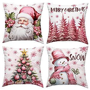 Harlang Christmas Pillow Covers 18x18 Set of 4 Farmhouse Christmas Decorations Snowman Wreath Santa Claus Tree Merry Christmas Hello Winter Holiday Decor Throw Cushion Case for Home Couch Pink
