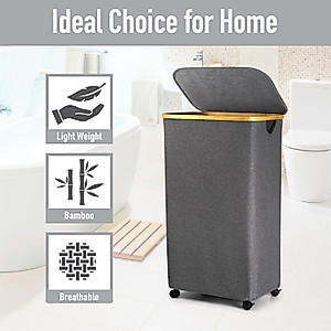 RUBROX Laundry Hamper with Lid on Wheels - 100L Large Laundry Basket with Bamboo Handle, Portable Clothes Hamper for Dorm Room, Bedroom, Bathroom, Grey foldable Hamper For Toys, Clothing, Clothing