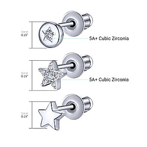 3 Pairs Star Stud Earrings for Women and Men，14K Gold Plated Dainty Tiny Hypoallergenic Cartilage Cubic Zirconia Earrings Set (White Gold)