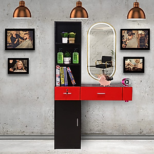 MTFY Beauty Salon Spa Equipment Set,Wall Mount Hair Styling Barber Station Barber Salon Station Makeup Equipment Set with 1 Cabinet 2 Drawers (Black & Red)