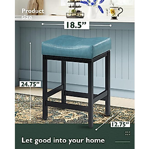 KATDANS Bar Stools Set of 2, 24" Counter Height Saddle Bar Stools, Upholstered PU Leather Bar Stools for Kitchen Island, Mid Century Modern Backless Barstools with Metal Base, KS861P-Teal, 2Pcs