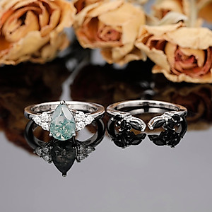 IRROYA 6x9mm Natural Pear Cut Moss Agate Bridal Ring Set,Cluster Genuine Moissanite Engagement Ring,V Shaped Open Ring Band, Sterling Silver Platinum, moss agate