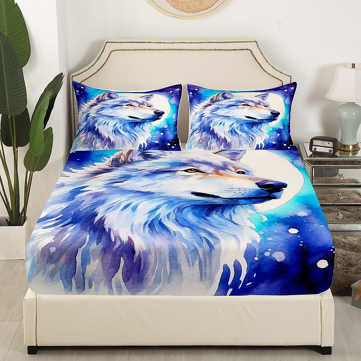 Wolf Bed Sheet Set Galaxy Wolves Howling Kids Fitted Sheet Animal Wolves Bedding Set for Boys Room Decor Mountain Moon Wolf Space Outer Sky Bed Cover Twin with 1 Pillow Case