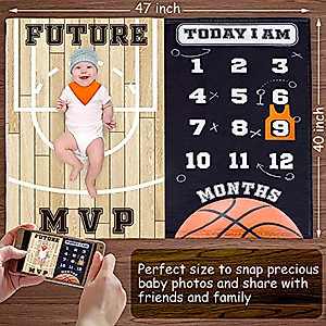 SUKOON Monthly Milestone Blanket for Baby Boy/Girl | Basketball Theme | Includes Frame and Bib | Large | 47"x40" | Personalized Baby Month Blanket for Newborn Baby Shower