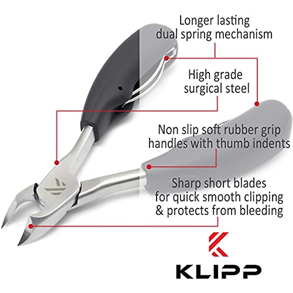 Toe Nail Clippers for Thick Nails – KLIPP Toenail Clippers Ingrown and Cuticle Nipper Trimmer Made of Rustproof Stainless Steel with Short Curved Blades, Ergonomic TPU Grips and Dual Spring Mechanism