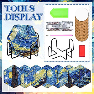 Diamond Painting Kits Coasters Starry Night, 7 PCS Diamond Art Hexagonal Coasters with Holder, Small Diamond Painting Kits for Adults Beginners