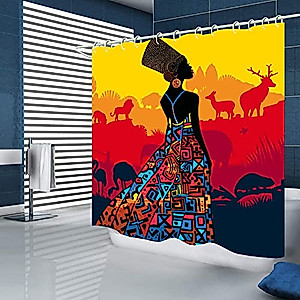 African American Shower Curtains for Bathroom, 4PCS Bathroom Sets Include 1 Fabric Shower Curtain, 2 Non-Slip Bathroom Rugs and 1 Toilet Lid Cover, Black Girl Bathroom Decor (Black)