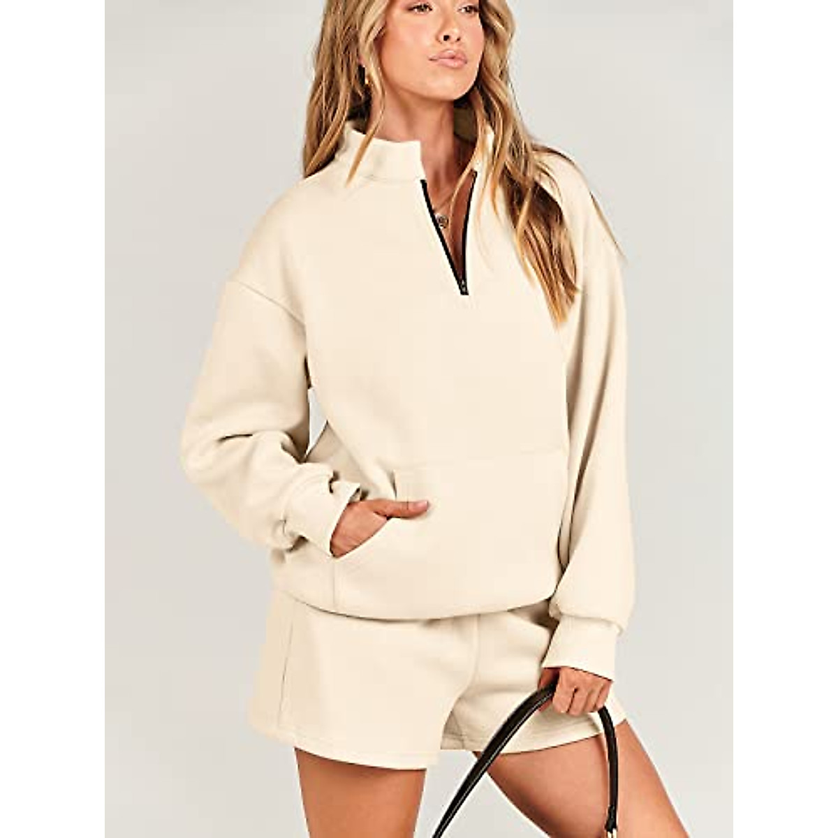 ANRABESS Women Two Piece Outfits 2023 Fall Clothes Set Sweatsuit Oversized Half Zipper Fleece Sweatshirt Casual Comfy Short Lounge Matching 1030mibai-S