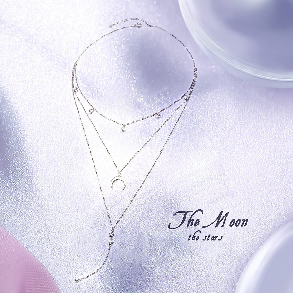 DAOCHONG Triple Layered Pendant Necklace 925 Sterling Silver Moon Star 3 Layered Choker Necklace Long Chain Necklace for Women