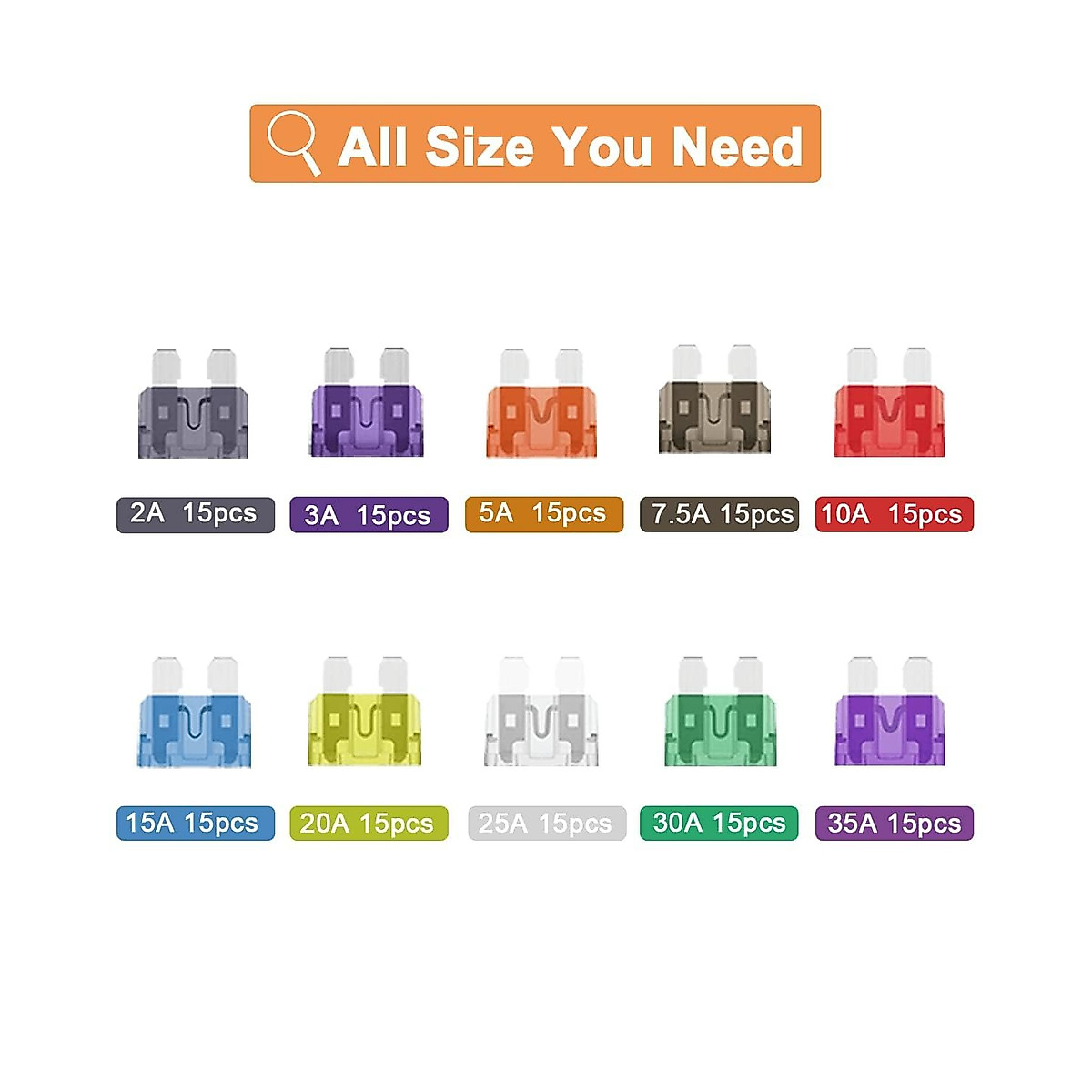 150pcs Car Automotive Rv Standard Fuses - Auto ATO Blade Fuse Assortment Kit (2A 3A 5A 7.5A 10A 15A 20A 25A 30A 35A)