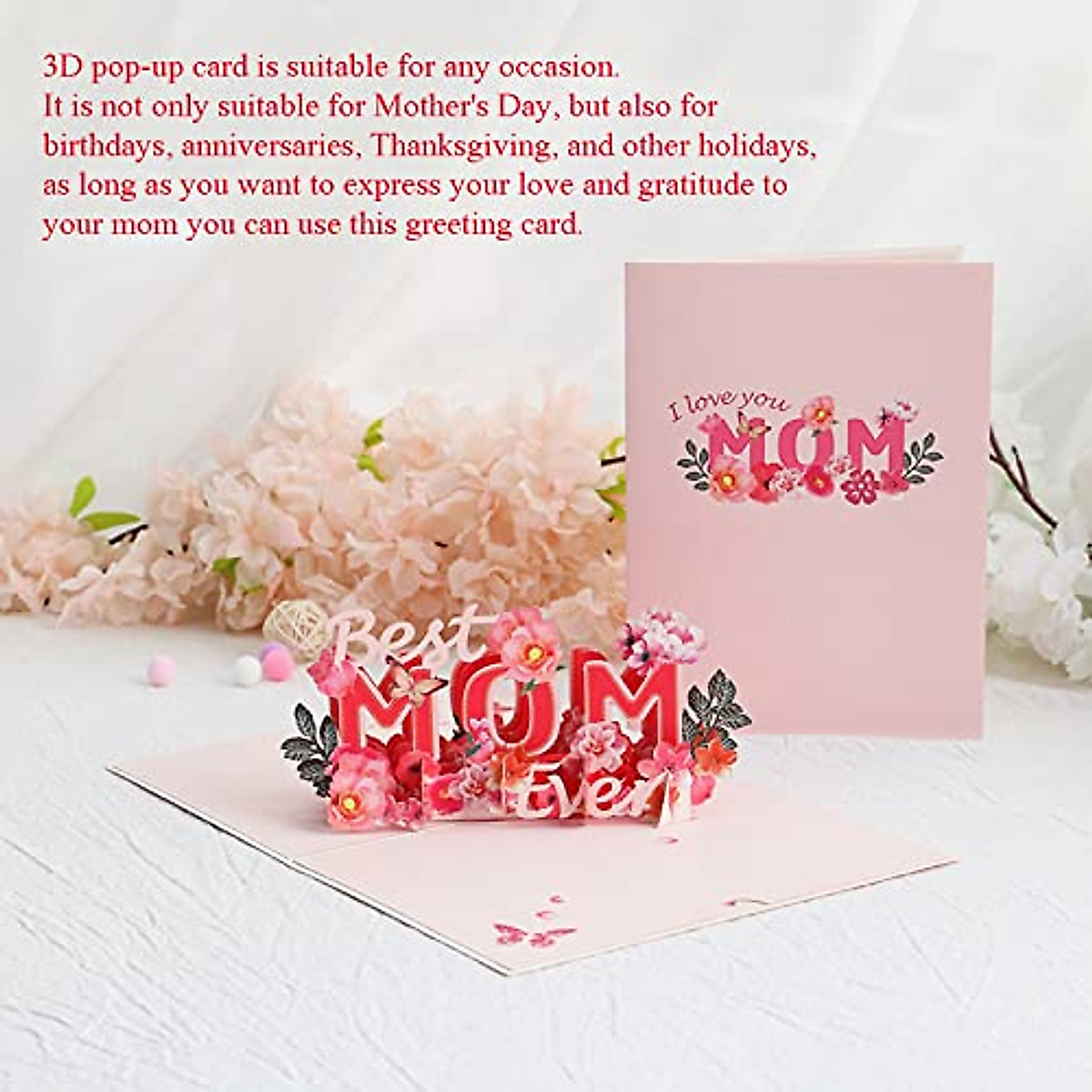 3D Pop Up Card for Mom 7.87''*5.9''Mothers Day Pop Up Card with Envelope and Blank Note Tag,Best Mom Ever,Pop Up Cards All Occasion for Birthday Mothers Day Thank You Cards,Anniversary,Get Well